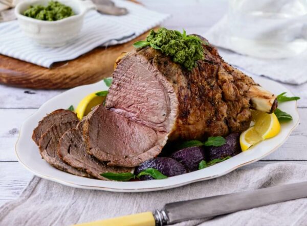 Feed a crowd with this roast lamb with mint pesto that serves 6